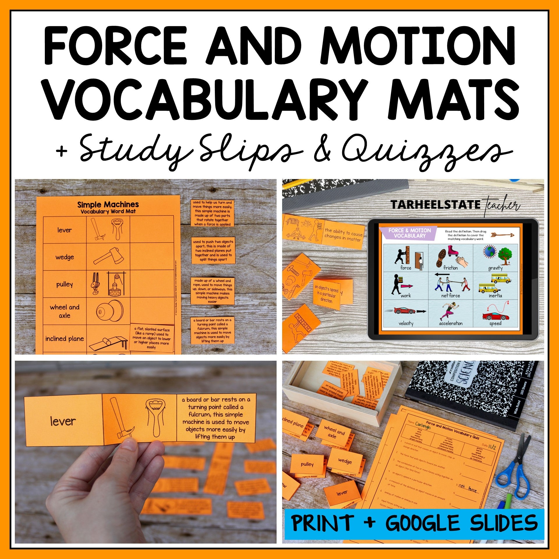 Force and Motion Vocabulary Activities Mats, Study Slips, & Quizzes ...