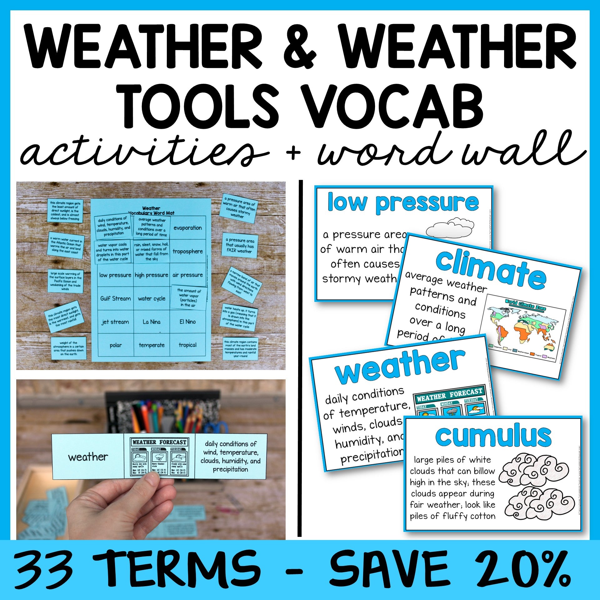 Weather and Climate Vocabulary Mats, Study Slips, Quizzes and Word Wall ...